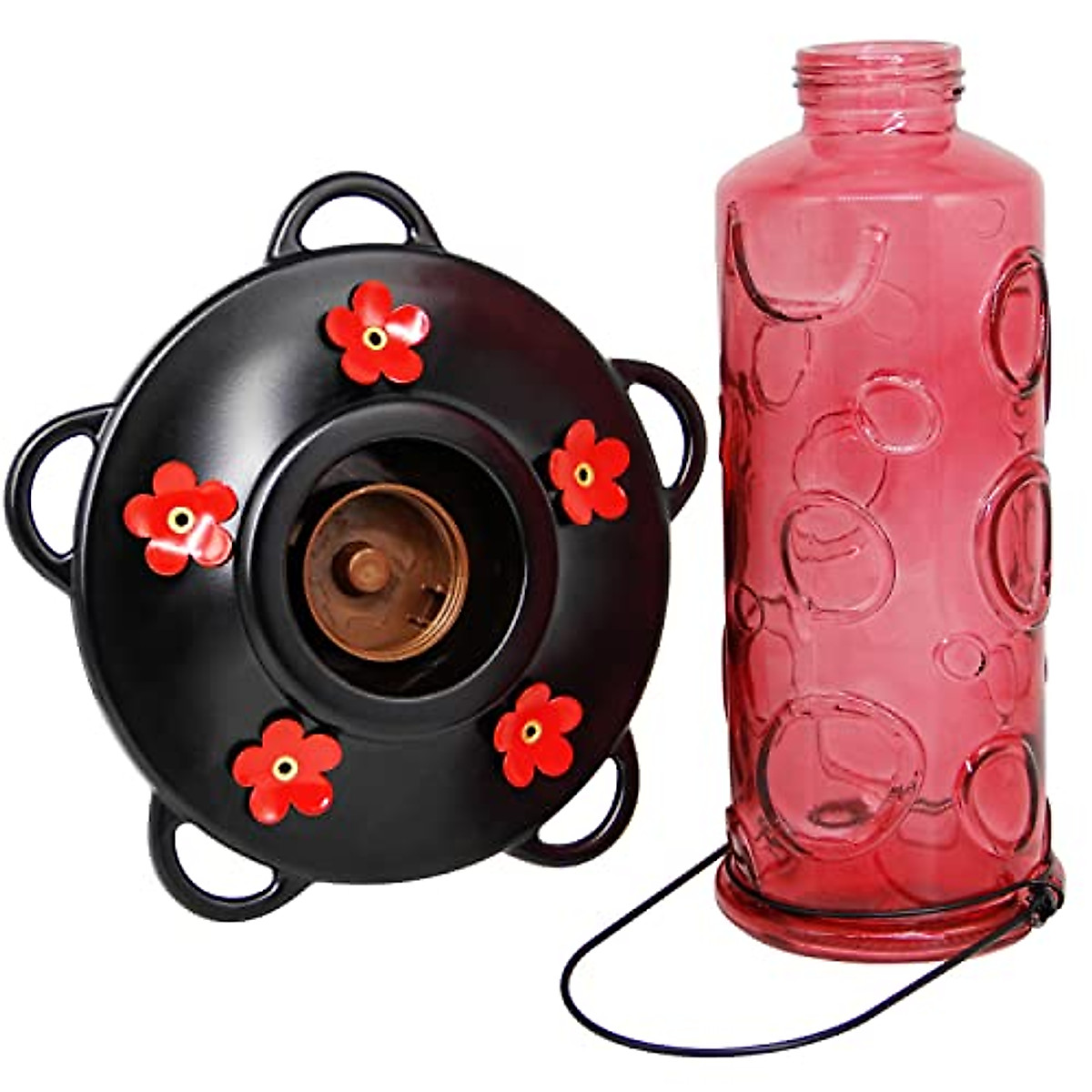 Juegoal 28 oz Glass Hummingbird Feeders for Outdoors, Wild Bird Feeder with 5 Feeding Ports, Metal Handle Hanging for Outdoor Garden Tree Yard, Red