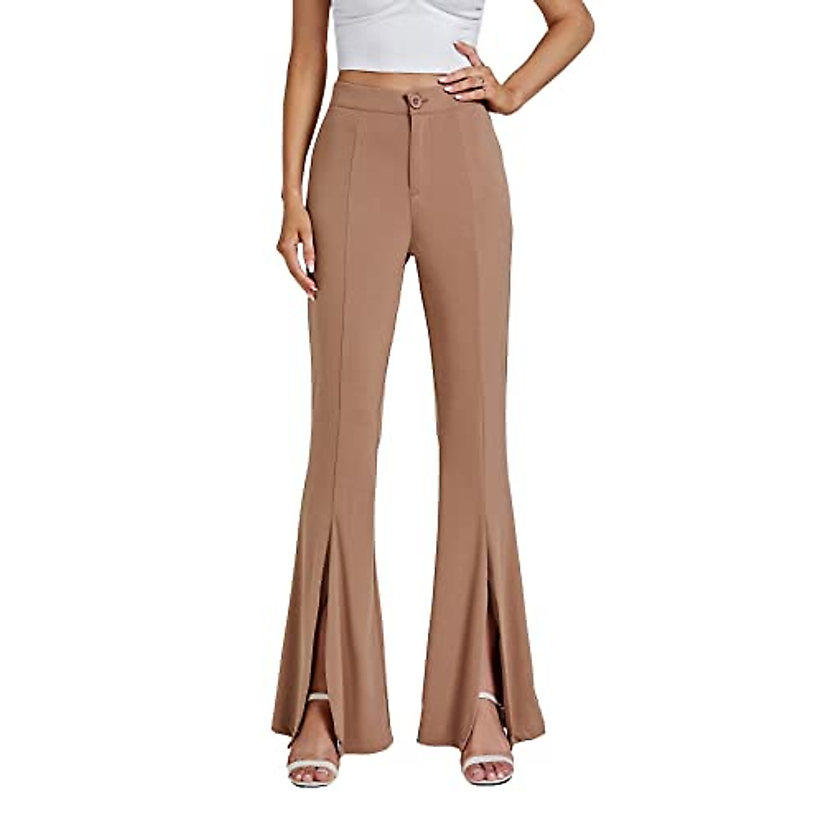 LYANER Women's Elastic High Waist Flare Leg Split Front Elegant Long Pants with Pockets Khaki X-Large