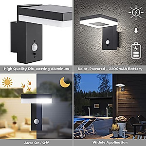 TJCoLUX Outdoor Solar Wall Light with Motion Sensor, 3 Modes IP44 Waterproof 4000K Exterior Aluminum Black Wireless Light Fixture for Garden, Yard, Porch, Patio