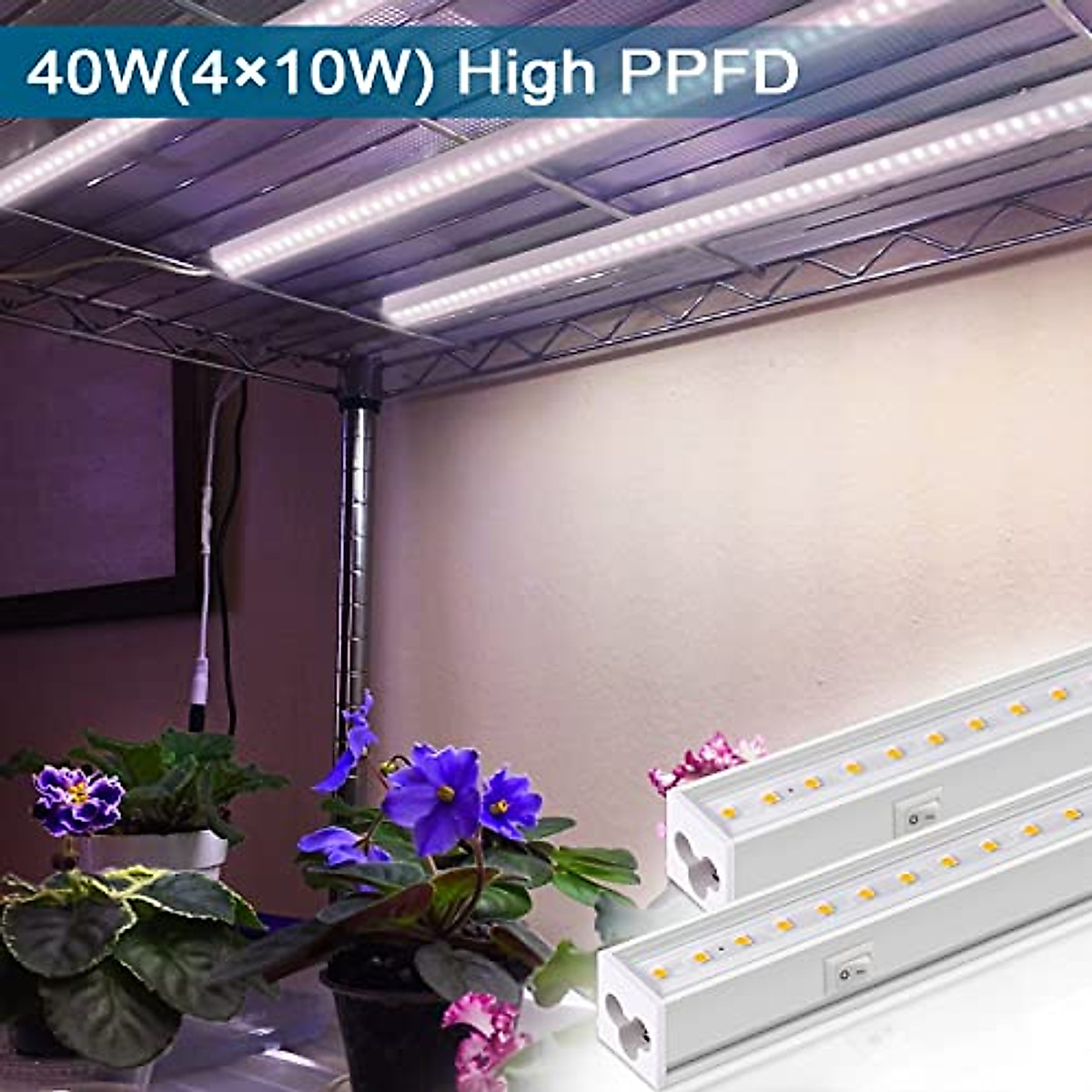 Barrina Grow Lights for Indoor Plants, Full Spectrum Sunlight, 2ft 40W (4 x 10W, 250W Equivalent), LED Bulbs, T5 Grow Lights, Plug and Play, Pinkish White, 4-Pack