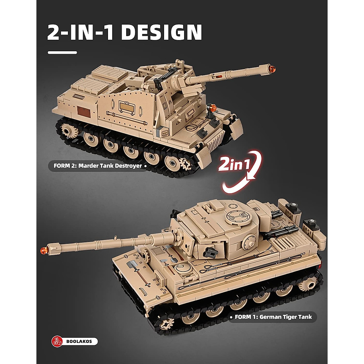 BOOLAKOS Tiger I Heavy Tank Building Blocks Sets, Military WW2 German Tank Destroyer Building Toy, Collectible Army 2-in-1 Model for Adults (597PCS)
