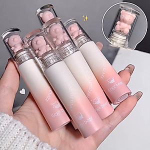 2Pcs Pink Bear Lip Glaze Matte Liquid Lipstick Cute Bear Velvet Lipgloss Moisturizing Lip Stain Waterproof Long Lasting Nude Brown Red Lip Mud Cheek Rouge Tint Cosmetics Bear Beauty Makeup