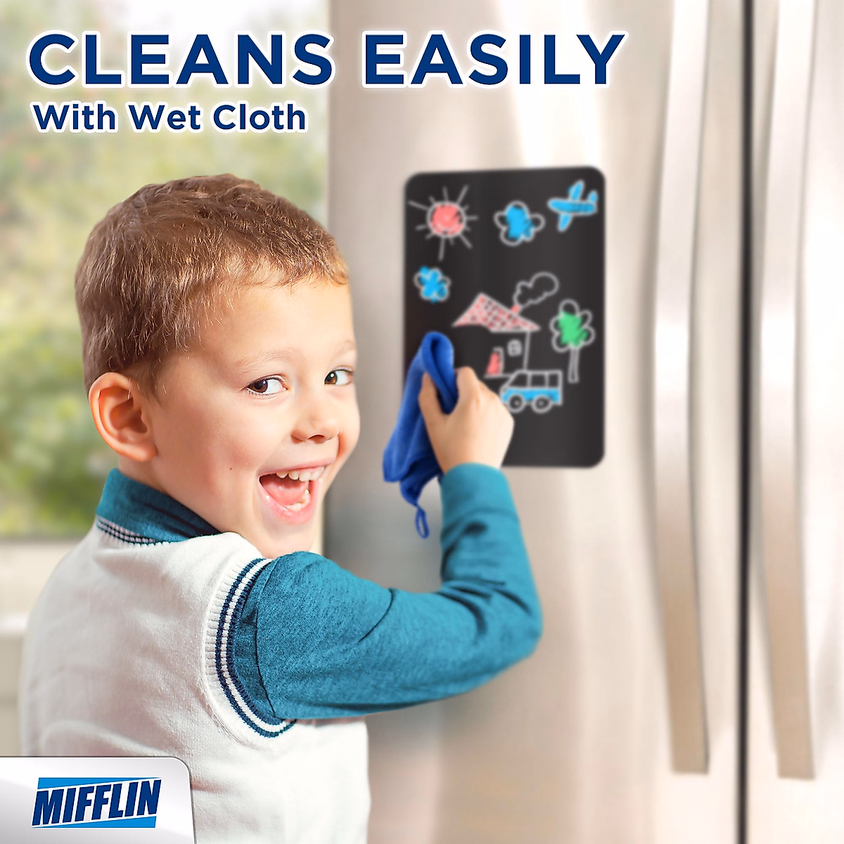 Mifflin-USA Magnetic Dry Erase Black Board Sheet for Fridge (12 x 8), Stain-Resistant Refrigerator Blackboard Organizer, Kitchen Planner Board w/ 4 Fine-Tipped Markers & Convenient Wipe Cloth