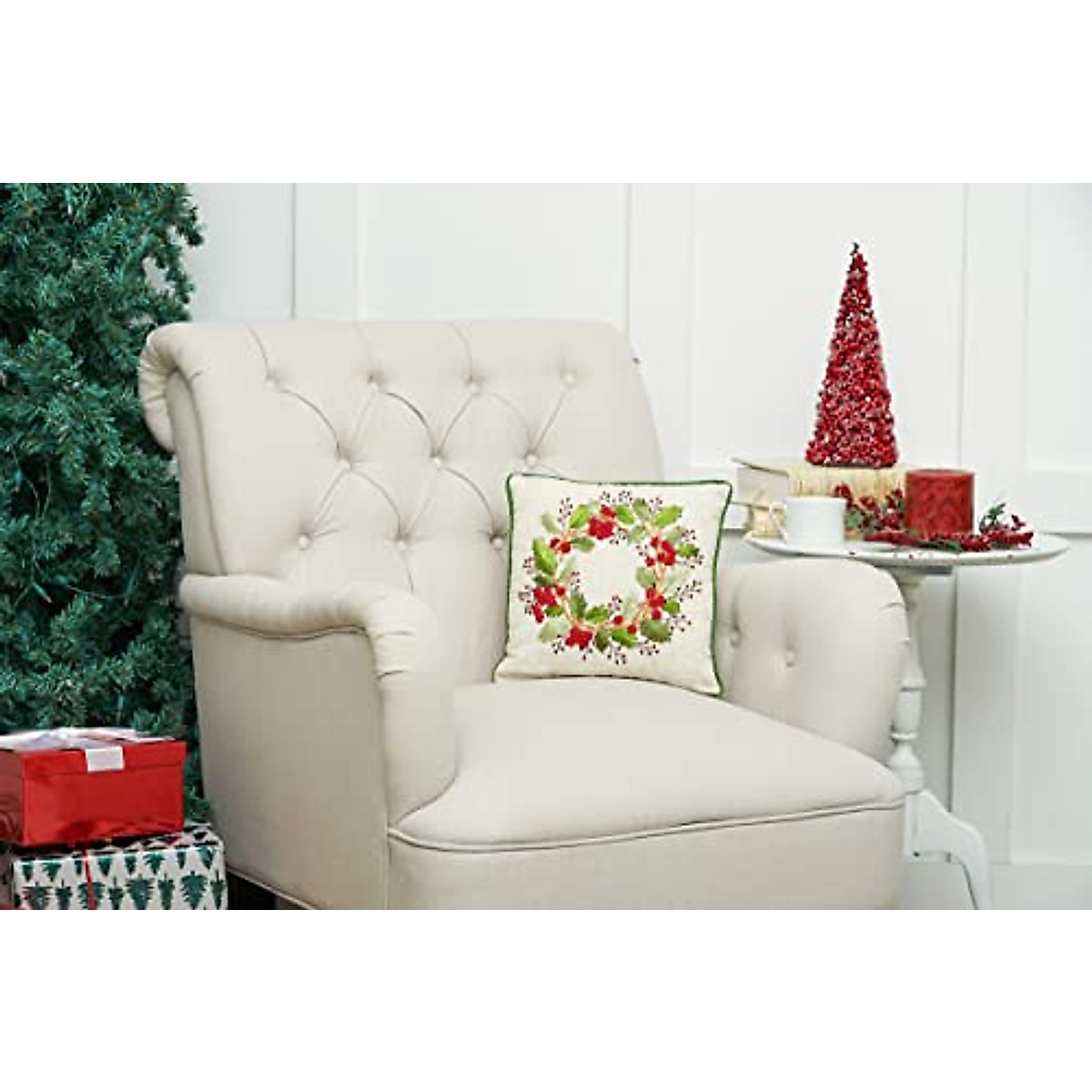 C&F Home Berry Wreath Christmas Botanical Holiday Xmas Handcrafted Red Green Premium Ribbon Cotton Art Throw Pillow 12 x 12 Multi