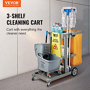 Commercial Janitorial Trolley 3-Shelf Cleaning Cart Wheeled with PVC Bag for Housekeeping Office, Stores, Schools