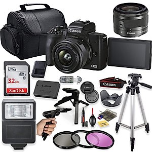 Canon EOS M50 Mark II Mirrorless Digital Camera (Black) with 15-45mm STM Lens + Deluxe Accessory Bundle Including Sandisk 32GB Card, Flash, Grip Multi Angle Tripod, 50" Tripod, Filters and More..
