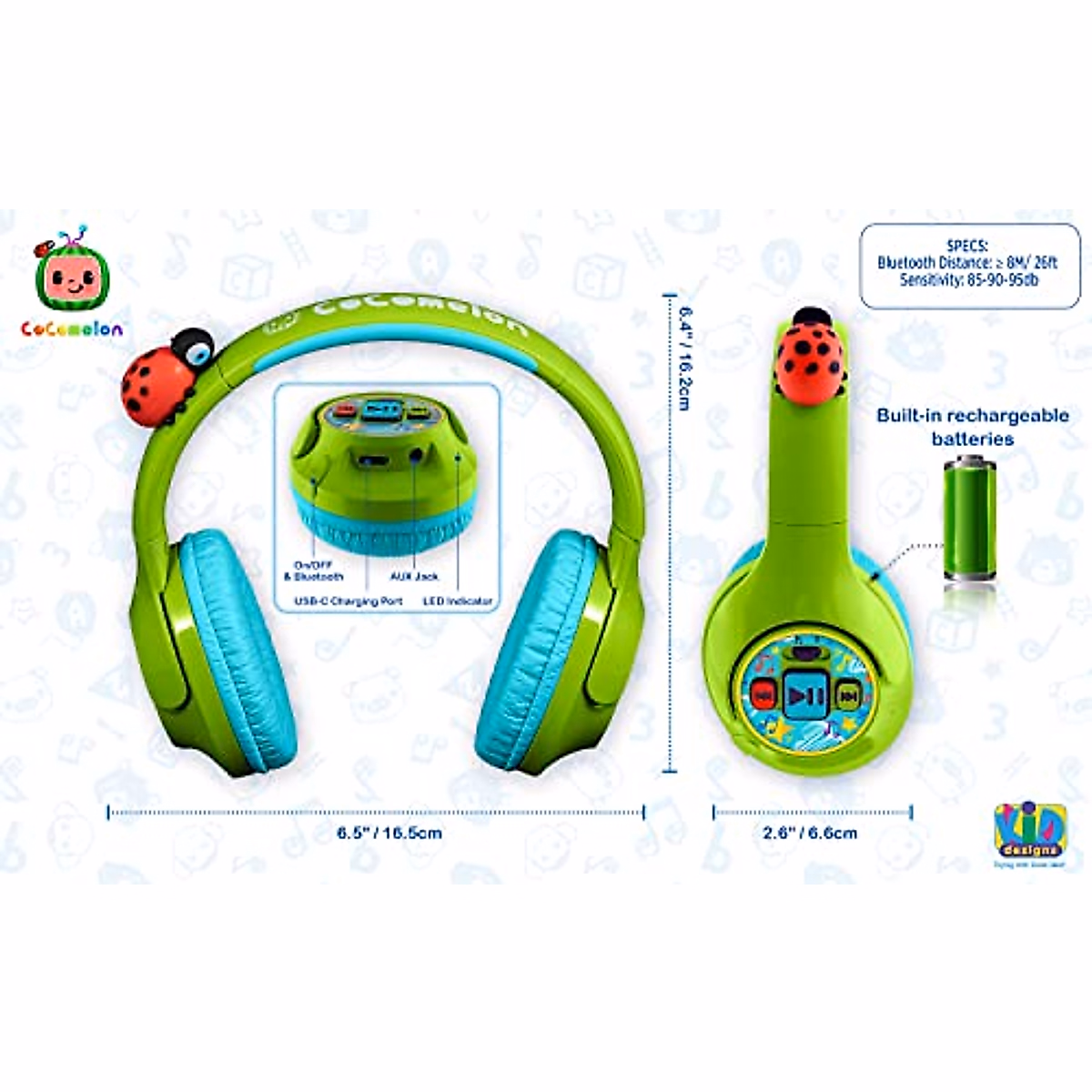 eKids Cocomelon Toddler Headphones with Built-in Kids Music, Bluetooth Headphones with Rechargeable Battery and USB-C Charging Cable Included