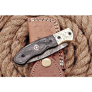 HUNTEX Custom Handmade Hand-Forged Twist Pattern Damascus Steel 4 Inch Long Pakka Wood Handle Razor Sharp Hunting Camping Folding Pocket Drop Point Knife with Genuine Leather Pouch