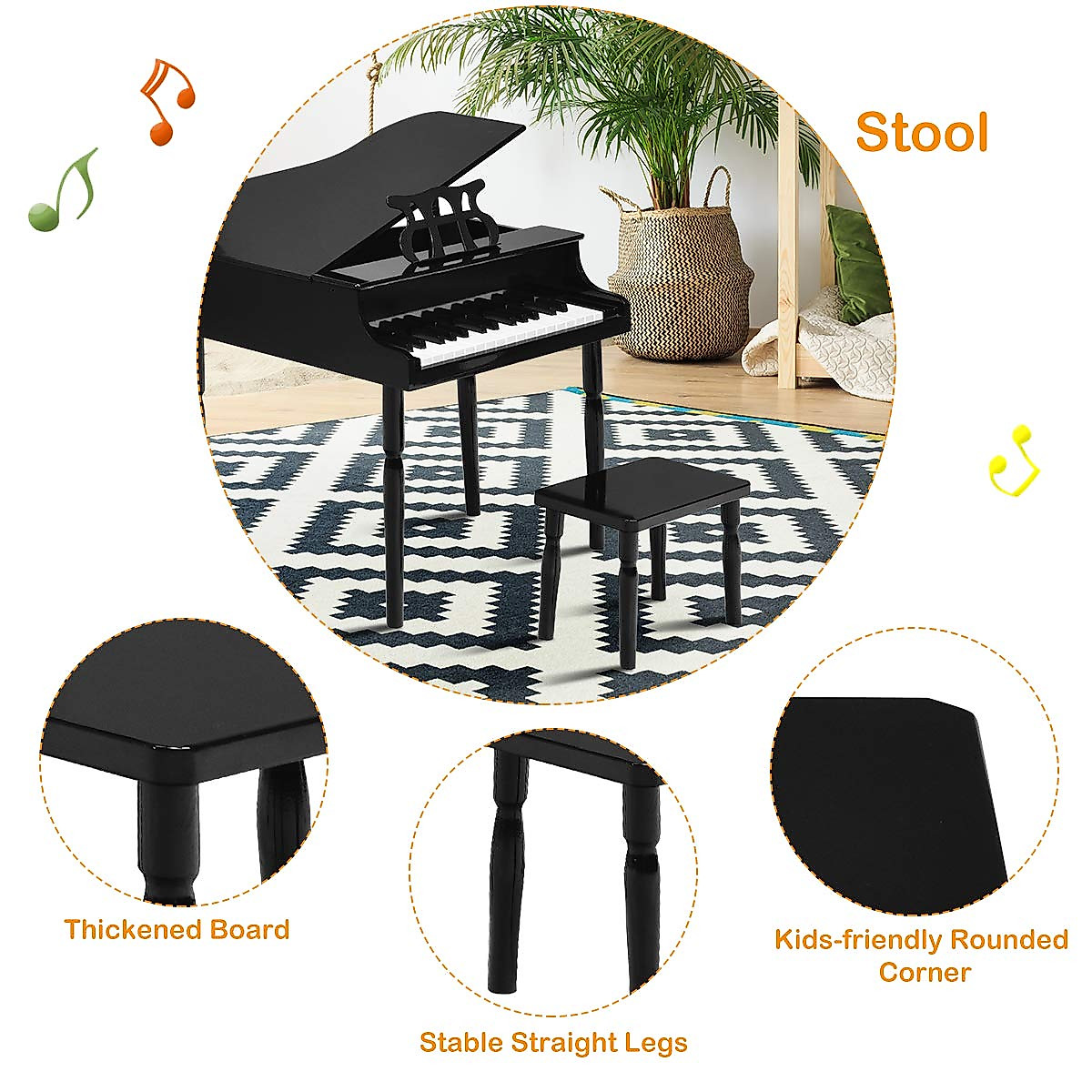 Costzon Classical Kids Piano, 30 Keys Wood Toy Grand Piano with Music Stand and Bench, Mini Musical Toy for Child, Ideal for Children's Room, Toy Room, Best Gifts (Straight Leg, Black)