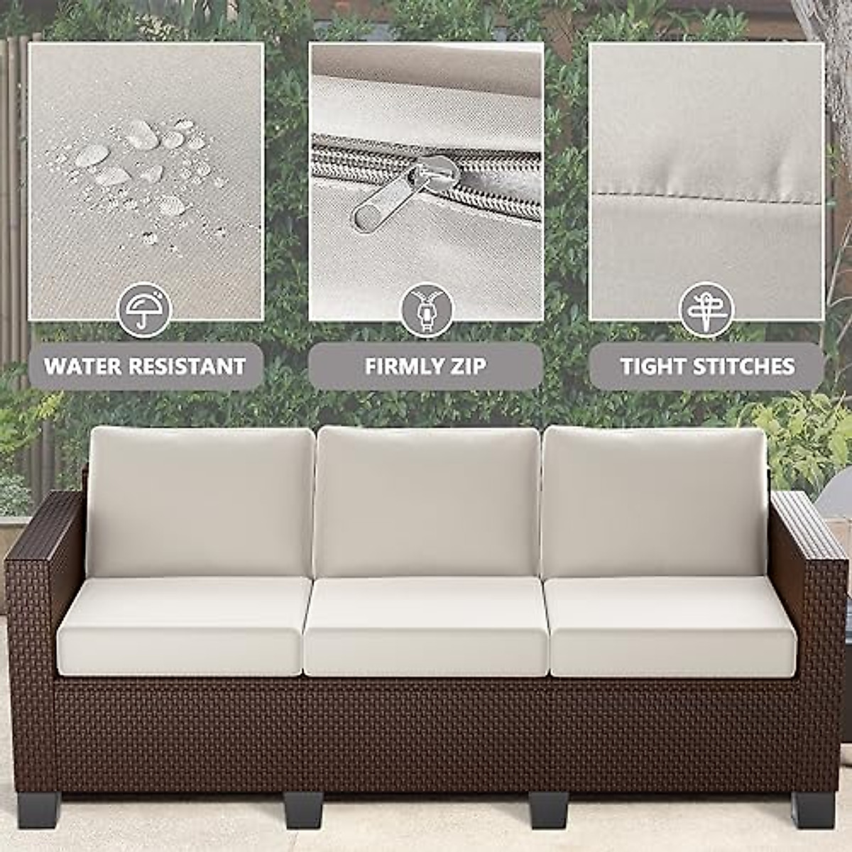 SUSIE'S GARDEN 6p Outdoor Cushion Slipcovers Outdoor Patio Cushions Covers Replacement Waterproof with Zipper for 3-Seat Outdoor Rattan Sofa Patio Furniture Cushion Covers Grey, Covers Only