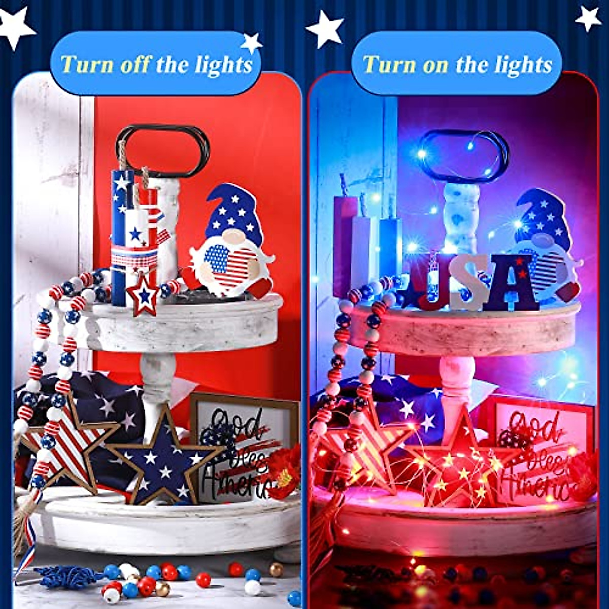 Yulejo 11 Pieces 4th of July Tiered Tray Decor with LED Lights Patriotic Wooden Signs God Bless America USA Gnome American Flag Star Independence Day Farmhouse Rustic Red White Blue Sign for Home