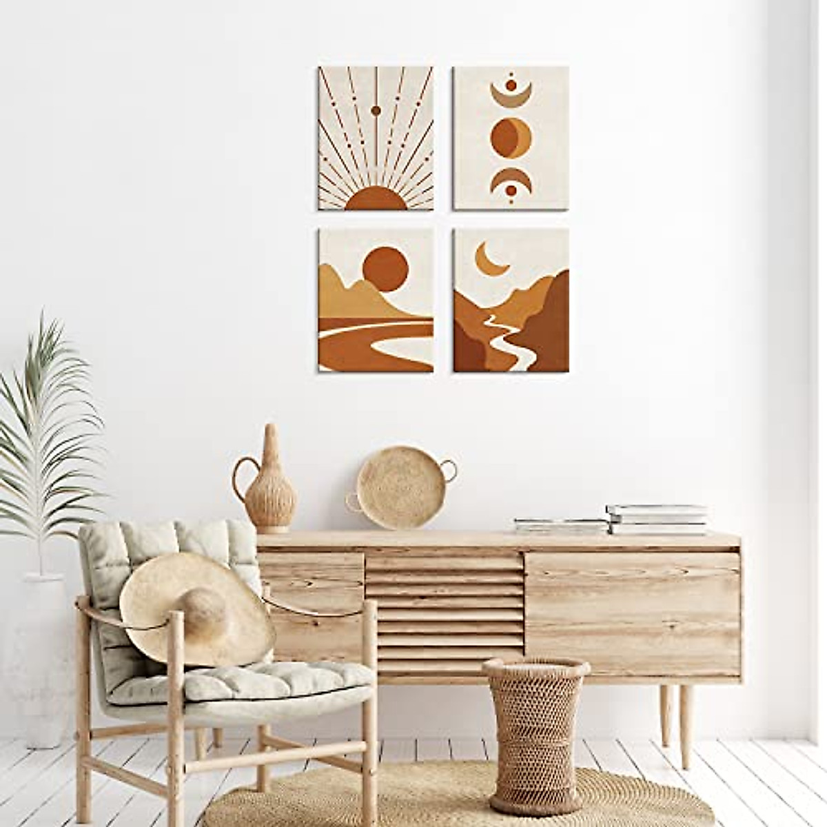 Creoate Boho Wall Art, 4 Pieces Mid Century Wall Art Sun Moon Boho Canvas Print Framed Set Artwork for Living Room Bedroom Wall Decor