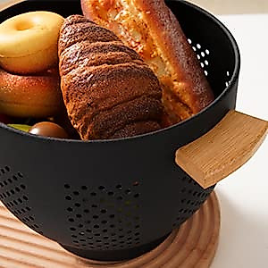 Metal Colander with Wood Handle, Powder Coated Steel Large Kitchen Strainer Stable Base (5.5 quart, MatteBlack)