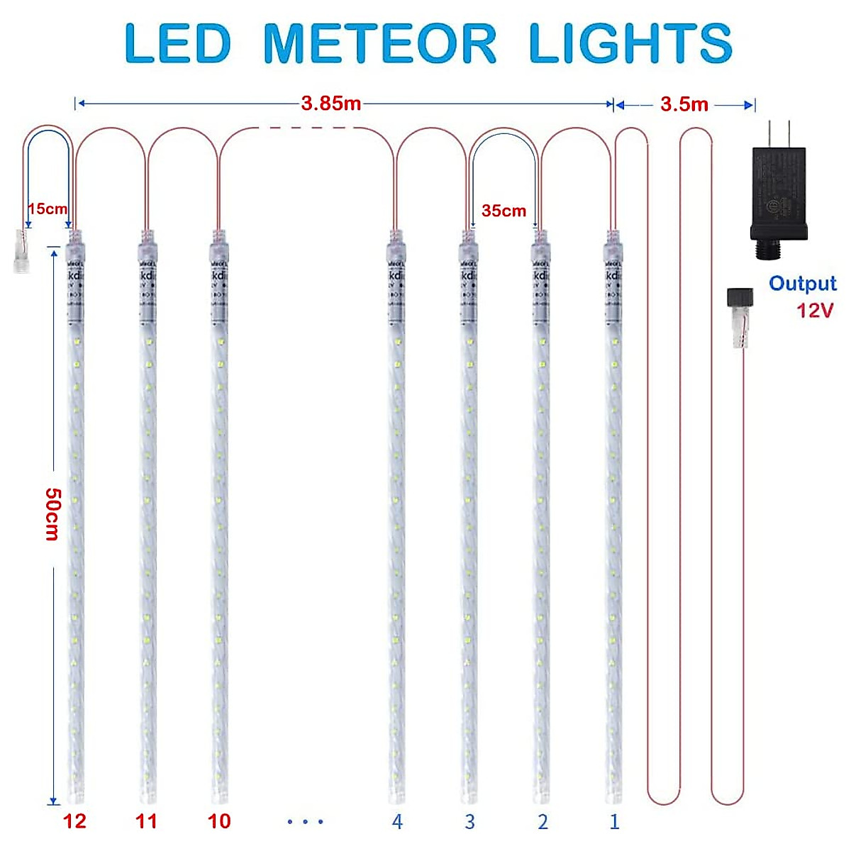 Vikdio Meteor Shower Rain Lights, 50cm 12 Spiral Tubes 648 LEDs 3.85m Lit Length Waterproof Snowfall LED Lights for Wedding Christmas Garden Tree Home Decor, Support 3 Sets Connected (White)