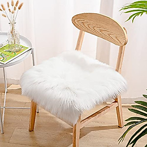 Soft Faux Sheepskin Chair Cushion, White 1.6' x 1.6' Square Fluffy Faux Fur Area Rug, Bedroom Seat Cushion Throw Chair Cover for Living Room Dorm Sofa Decor