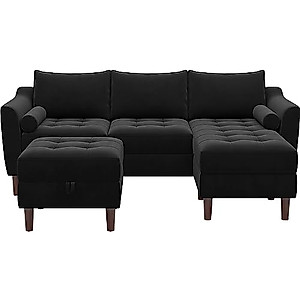 Belffin Black Velvet Fabric U Shaped Sectional Couch with Chaise Small Reversible Sectional Sofa Couch 4-Seater Sectional Sofa Sleeper with Storage Ottoman Foot Rest for Apartment