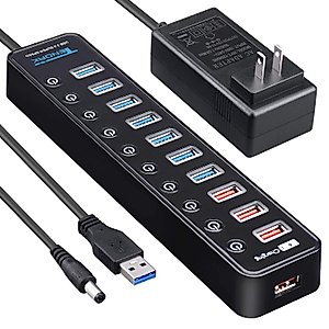 USB 3.0 Hub - Tendak 7 USB 3.0 Data Ports + 3 USB Smart Charging Ports with Individual On/Off Port Powered 10 Port USB Hub for PC Mac PS4 Xbox One XPS Surface Pro