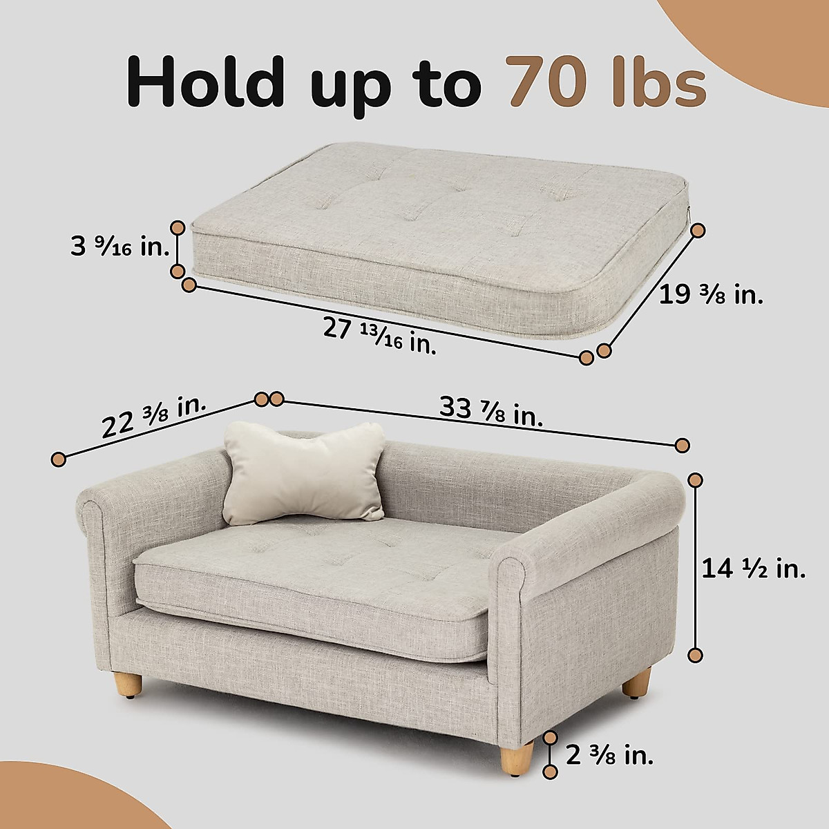 Bme Ergonomic Wicker Papasan Chair with dCee Cat Couch - Small Dog Sofa Light Gray, Soft Thick Density Fabric Cushion, High Capacity for Livingroom, Bedroom, Reading Room