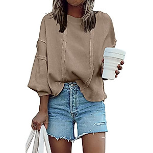 Panadila Women's Oversized Waffle Knit Pullover Casual Long Sleeve Tops Trendy Round Neck Tunic Shirts(Light Brown,L)