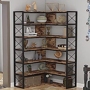 PAKASEPT 6-Shelf Corner Bookshelf, Vintage Industrial Corner Shelf Stand Etagere Bookcase, Large Book Shelf with Metal Frame Open Storage Corner Cabinet for Living Room Home Office, Retro Brown