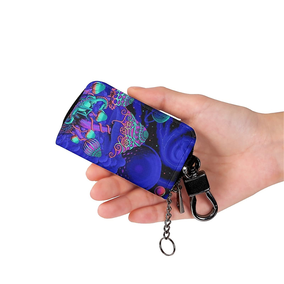 Poceacles Forest Mushroom Print Fashion Car Key Case, Leather Waterproof Auto Key Bag Car Smart Key Chain Keychain Holder with Zipper and Metal Hook