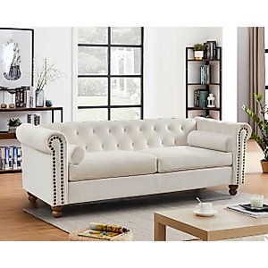 LKTART Modern Sofa Couch Upholstered Comfy Sofa Tufted Couch with Deep Seats, Chesterfield 3 Seater Sofa with 2 Pillows for Living Room Apartment Office Lounge White