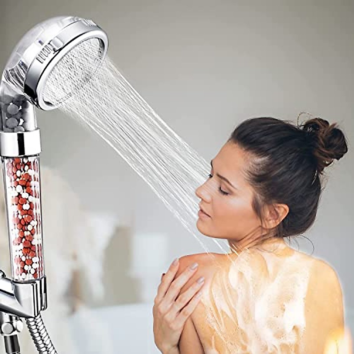 AmasSmile® High Pressure Shower Head with 59” Hose and Bracket, Ionic Filter Filtration Vortex Turbo Water Saving 3 Mode Function Spray Turbocharged Hydro Jet Handheld Showerheads for Dry Skin & Hair