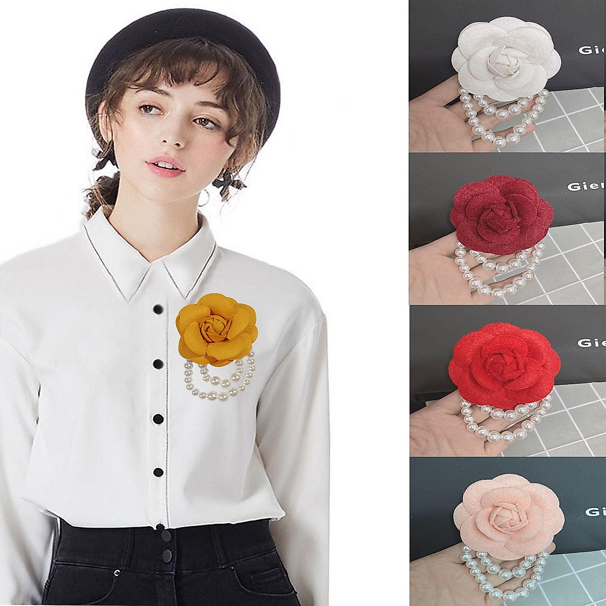 ZZ ZINFANDEL Bohemian Pearl Safety Brooch Pins Flower Brooch Hair Flowers Hairpin Brooch Headpieces,Brooch Pins Shawl Clips for Women Girls Vintage Collar Brooch (Yellow)