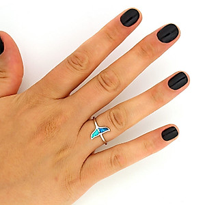 Sterling Silver 925 Fishy Tail Ring Simulated Blue Opal Whale Tail Stackable band Ocean Animal Jewelry for Women (10)