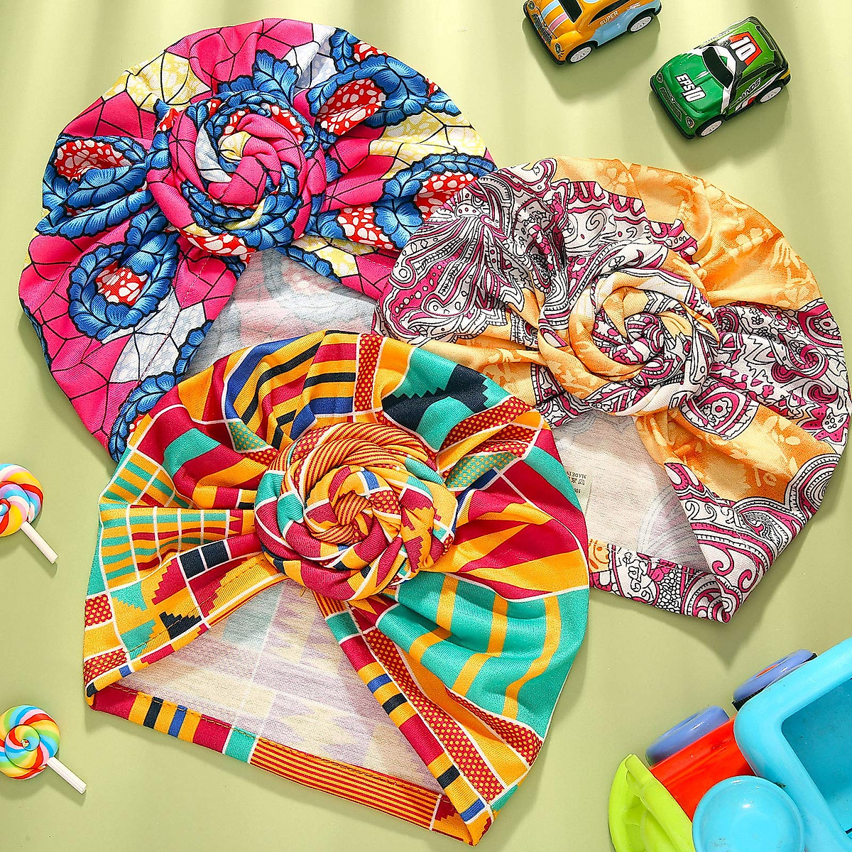 Geyoga 3 Pieces Kids Cancer Headwear African Knot Pre Tied Turban Soft Cotton Stretch Head Wrap for Boys Girls(Classic Pattern)