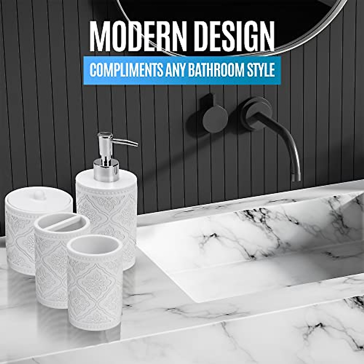 Kralix 4 Piece White Bathroom Accessories Set, Modern White Soap Dispenser Set, White Toothbrush Holder Set, Tumbler and Qtip Holder, Embossed White Bathroom Decor Accessory Set, Accesorios para Baño