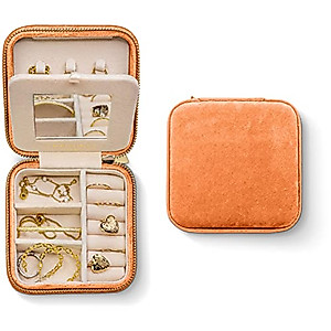 Plush Velvet Travel Jewelry Box Organizer | Travel Jewelry Case, Jewelry Travel Organizer | Small Jewelry Box for Women, Jewelry Travel Case | Earring Organizer with MIrror - Orange