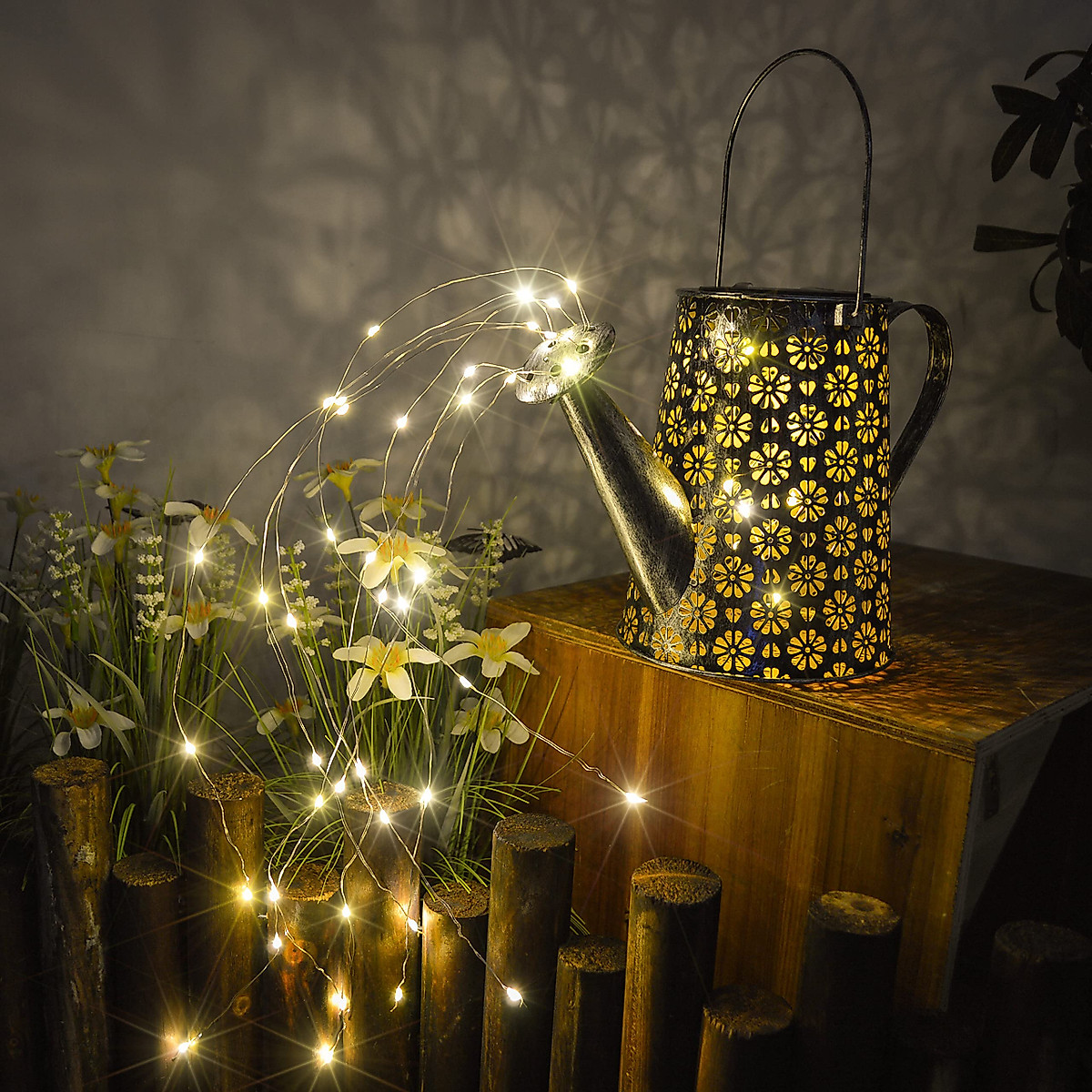 Cubular Solar Watering Can with Lights Outdoor - Metal Waterproof Garden Flower Decor Stake Light Art Decor Gift for Table Patio Yards Pathway Party - Hanging Solar Lantern with Fairy Waterfall Light