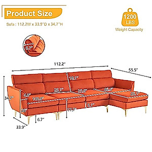 Imbesty Convertible Sectional Sofa Couch, 4-Seater Lattice Flannel Upholstered Sofa Couch with Reversible Chaise, L-Shaped Highback Living Room Furniture (Orange)