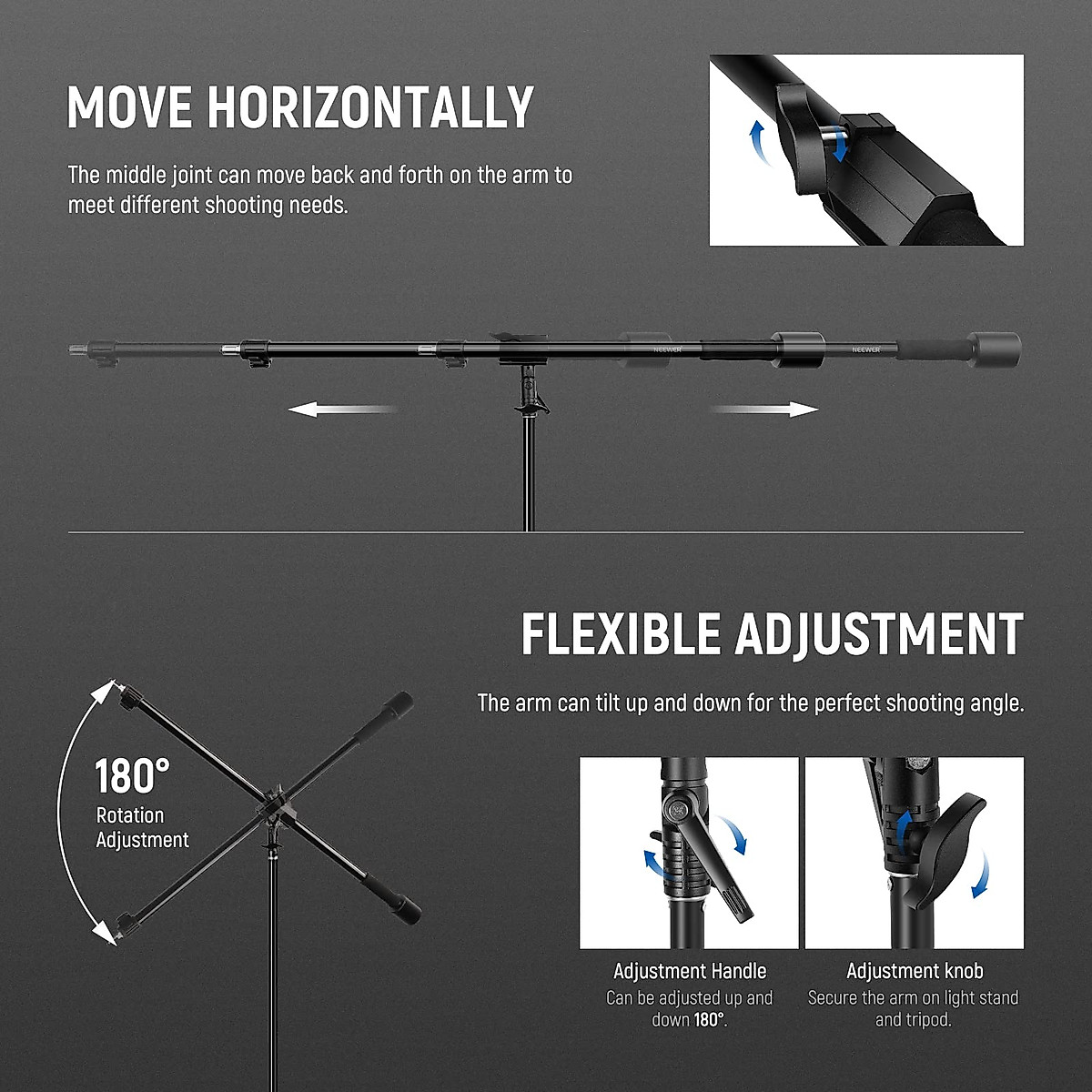 NEEWER Tripod Boom Arm, 35" to 61" (89 to 155cm) with 1.5kg Counterweight and Sandbag, 1/4" Screw Compatible with Softbox, Studio Light, Flash, Umbrella, Ring Light, Max Load 5kg