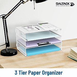 DALTACK 3 Tier Letter Tray Paper Organizer with Handle, Mesh Desk File Organizer, Paper Tray Desk Organizer for School Office Home, Metal Mesh, White
