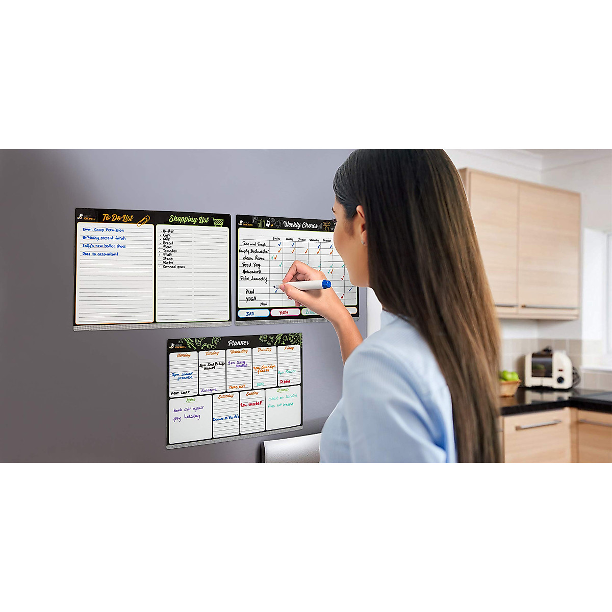 Howlin' Homewares Magnetic Dry Erase Board for Fridge - Stain Resistant Refrigerator Calendar with Fine Tip Markers and Large Eraser - Magnetic Whiteboard Weekly Planner