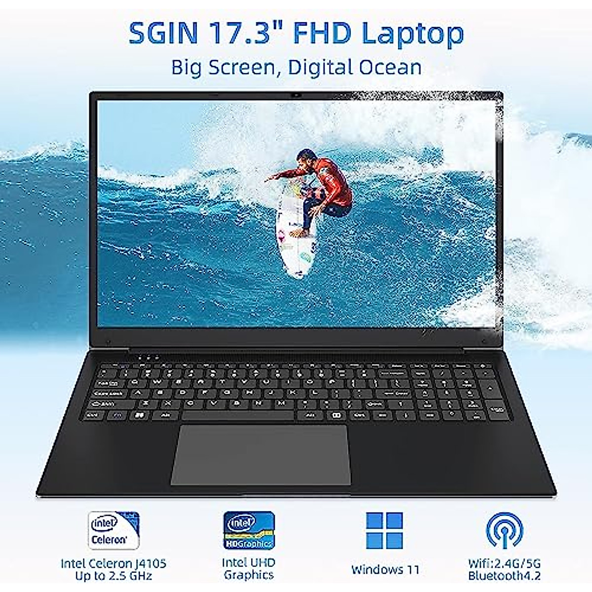 SGIN Laptop Computer, 17 Inch 1920 * 1080 IPS Display，4GB RAM 128GB ROM, Windows 11 Laptops with Intel Celeron Quad Core Processor, Mini HDMI, Webcam, Dual-Brand WiFi, 512GB Expansion