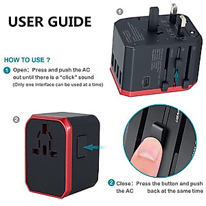 International Universal Travel Adapter, All-in-One Global AC Charger Socket. The 5.6A 4 USB and Type c Multi-Function Conversion Plug is Suitable for Many Countries Around The World. (Red)