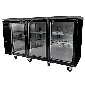 72" Commercial 3 Door Back Bar Beer Bottle Beverage Can Cooler Refrigerator, Black, with Stainless Steel Top and Glass Doors