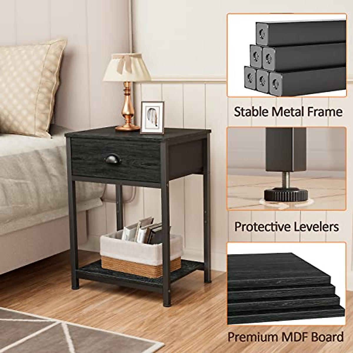 Nightstand with Fabric Drawer & Storage Shelf, Small Bedside Table Organizer for Small Space, 2 Tiers Industrial End Table, Side Table for Living Room, Tall 23.6" Night Stand for Bedroom, Black Oak