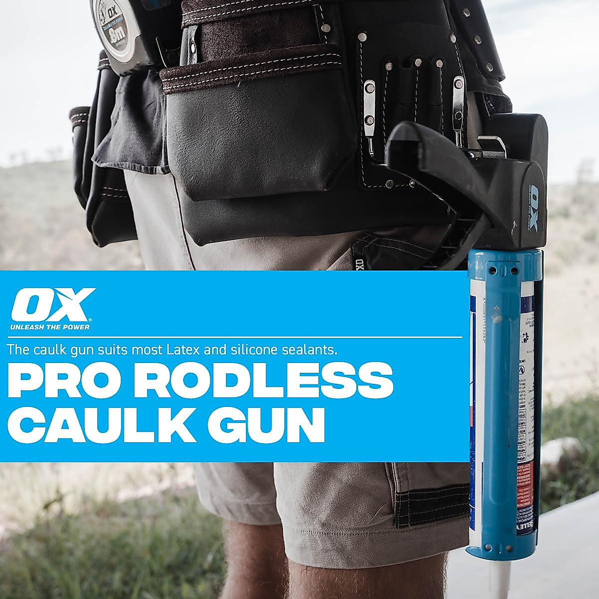 OX Tools Rodless Caulk Gun - 7:1 Thrust Ratio, Foldable Belt Clip, Patented Design, Compact for Tight Spaces, Reinforced Carriage, Glass Filled Nylon Handle, 13 1/2" Length, 10 oz Capacity…
