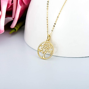 Yafeeso Solid 14K Gold Tree of Life Necklace Family Tree Pendant Necklace Mothers Day Necklace Jewelry Anniversary Birthday Gifts for Her, 16+2 Inch