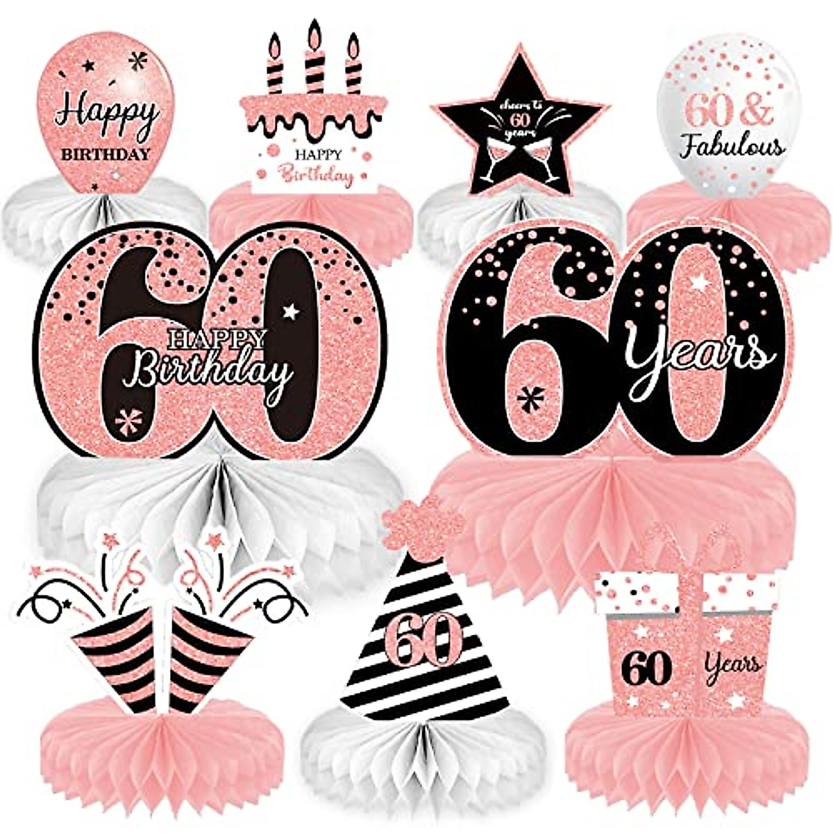 9 Pieces Rose Gold 60th Birthday decorations for Women Pink 60th birthday centerpieces for Tables Decorations Cheers to 60 Years Honeycomb Table Topper Happy 60th Birthday Decorations for Woman Sixty Years Birthday Party