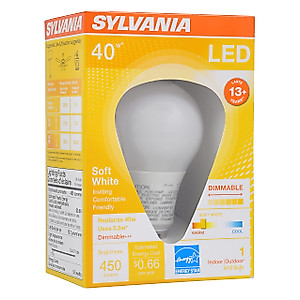 SYLVANIA A19 LED Light Bulb, 5.5W, 40W Equivalent, 13 Year, Dimmable, 450 Lumens. 2700K, Soft White - 1 Pack (74688)