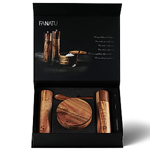 Wooden Salt and Pepper Grinder Set - Premium Set Includes Salt and Pepper Mill/Box with Swivel Lid, Spoon & Cleaner Tool - Perfect Salt and Pepper Shakers Gift (8 inch)