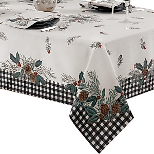 Lintex Festive Berry Black Plaid Country Rustic Bordered Christmas Tablecloth, Cottage Check and Holly Bordered Xmas and Holiday Print Easy Care Fabric Tablecloth, 70 Inch Round