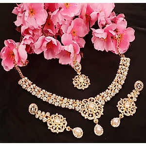 Touchstone Indian jewelry sets for womens bollywood set bridal jewellery necklace earrings artificial accessories faux pearl kundan desi punjabi traditional wedding maang tikka in gold tone for women