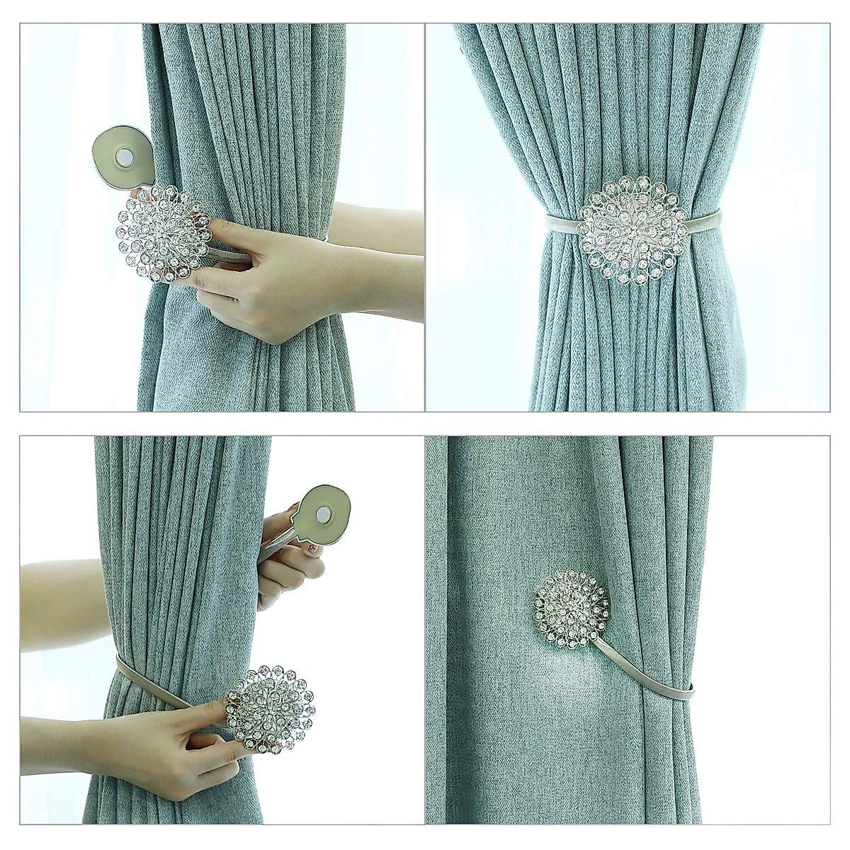 Pinowu Magnetic Crystal Flower Curtain Tiebacks (2 Pack), Decorative Curtain Holdback Buckle Clips with Stretchable String Rope for Bedroom, Living Room, Office