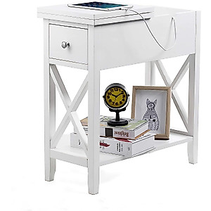 ChooChoo End Table, MDF Material Flip Top Narrow End Table with Drawer, Accent Small Side Table Nightstand for Living Room, Bedroom, and Small Spaces - White
